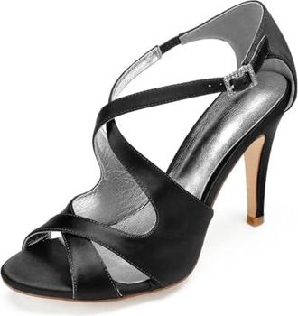 Generic Escarpins Femme Bout Ouvert Mari&eacute;e Btide Cheville Boucle Satin Stylet Sandales Chaussures De Mariee Bal Dress F&ecirc;te 10.5Cm,Noir,42 EU