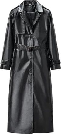 Generic Manteau long en simili cuir pour femme Automne Hiver - Ceintur&eacute; &agrave; simple boutonnage rabattu, vintage &agrave; manches longues, Noir, S