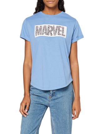 MARVEL Damen Leopard Logo T-Shirt, Indigo, 36