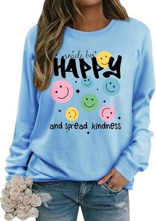 Dresswel Sweat-shirt pour femme avec impression de lettre souriante drôle et souriant - Col rond - Manches longues - Coton - Automne - Hiver - Décontracté - Ha