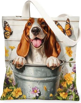 Generic Sac fourre-tout en toile motif chien basset printanier 33 x 38,1 cm, joli sac &agrave; bandouli&egrave;re r&eacute;utilisable en bois de fleur rustique pour femme, peintur