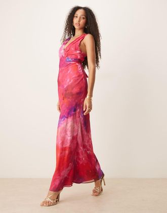 Hope & Ivy Robe longue à col V et nouée dans le dos - Rose imprimé