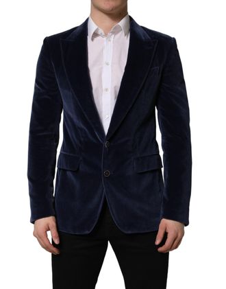 Dolce & Gabbana Mens Blue Velvet Single Breasted Blazer Jacket Cotton Silk Elastane Clothing