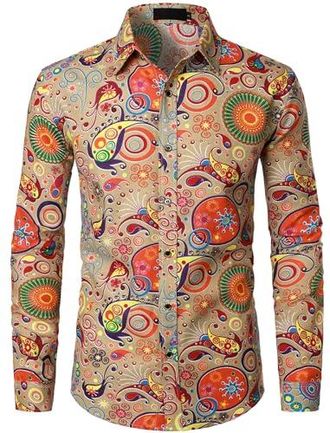 PARKLEES Chemise boutonnée à manches longues en coton et lin pour homme Motif traditionnel rétro années 70, kaki, 3XL