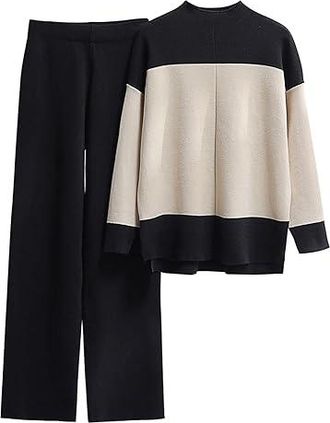 Generic Femme 2 Pcs Pull Ensemble Tricoté Hiver Sweater Top en Maille Sweatshirt Chaud Chandail Sport Pantalon Jambe Large Hiver Ensemble Sportswear DIntérieu