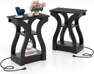 Giantex Beistelltisch 2er Set, Nachttisch mit Ladestation, Sofatisch mit 3 Ebenen, Kleiner Couchtisch mit rutschfesten Füßen, Kaffeetisch Holz, Konsolentisch 