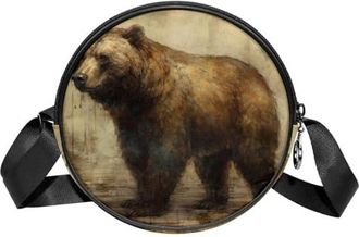 Generic Sac &agrave; bandouli&egrave;re rond pour femme, motif ours vintage, petit sac &agrave; bandouli&egrave;re avec fermeture &eacute;clair, bretelles r&eacute;glables, sac &agrave; main rond d&eacute;contract&eacute;