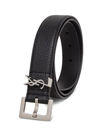 Saint Laurent Mens Leather Belt With Logo Buckle, Black
