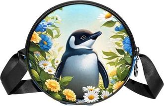 Generic Petit sac &agrave; bandouli&egrave;re rond pour femme, motif pingouin, fleur de pingouin, sac &agrave; dos avec fermeture &eacute;clair, bretelles r&eacute;glables, sac &agrave; main rond d&eacute;co