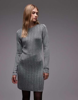 & Other Stories Robe courte en jersey côtelé à manches longues - Noir/argenté