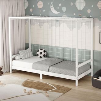 ML Design ML-Design Kinderbett Fu&szlig;balltor 90 x 200 cm, Wei&szlig;, Einzelbett f&uuml;r Kinder, Holzbett mit Lattenrost und Tornetz, Jugendbett aus Kiefernholz, Bettgestell