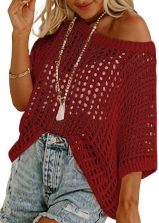 Generic Pull d&eacute;t&eacute; &agrave; manches courtes et col rond pour femme - Tendance - L&eacute;ger - Ample - D&eacute;contract&eacute; - Plage - Vacances - &Eacute;paules d&eacute;nud&eacute;es, bordeaux, M