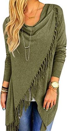 Baymate Cardigan Gilet Poncho Tricot Pull-Over Ourlet Irr&eacute;gulier Frange Manches Longues Manteau Femme Arm&eacute;e Vert 3XL