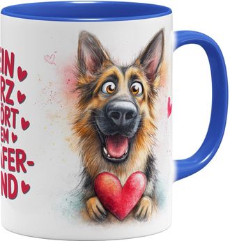 OM3 s&uuml;&szlig;e Hundeliebhaber Kaffee-Tasse mit Spruch - Mein Herz geh&ouml;rt einem Sch&auml;ferhund - Statement - Keramik Becher - 325ml - Rundumdruck - Blau