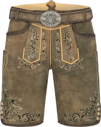 Krüger Herren Trachten Lederhose kurz, Modell: Ismael mit Gürtel, Knielang, braun und grau, Art.-Nr. 961367-0-0705, 54