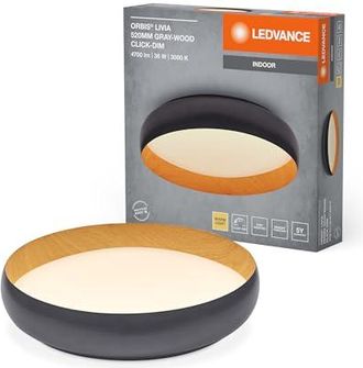 Ledvance ORBIS Livia LED-Deckenleuchte mit Metallring, grau/Holzdekor, 36W, 2000lm, 3000K, 520mm, 830 freundliches Warmweiß, durch Klicken in 3-Stufen dimmbar,