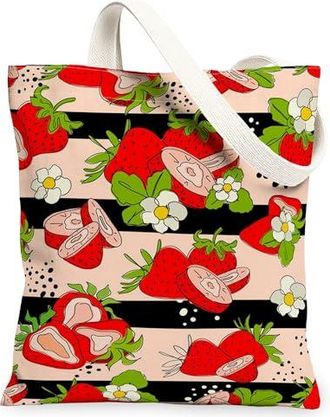 Generic Sacs fourre-tout réutilisables en toile motif fraises et plantes fruitées, sacs dépicerie vintage, amusants, légers et lavables, pêche, 13x15 Inch