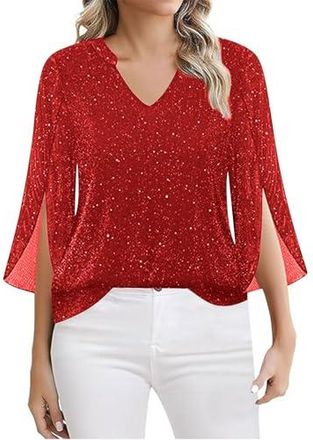 Generic Chemisier du Nouvel An pour femme - Haut festif &agrave; manches trompettes - Col en V - Tunique ample - Pour les loisirs, les f&ecirc;tes, les festivals, le Nouve