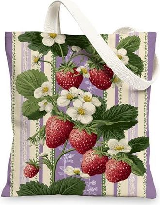 Generic Sac fourre-tout en toile motif fraise, sac à provisions réutilisable, léger et lavable avec bandoulière, violet, 13x15 Inch