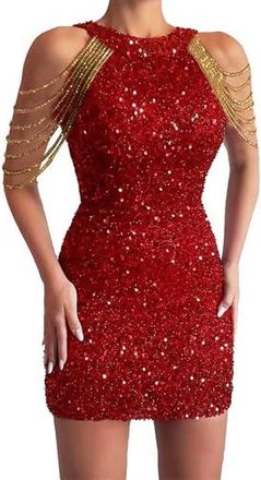 Generic Robe scintillante pour femme - Robe de bal de fin dann&eacute;e, &eacute;l&eacute;gante, longueur genou - Robe de soir&eacute;e - Coupe ajust&eacute;e - Pour invit&eacute;es de mariage, Rouge,