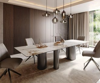 DELIFE Esstisch Edge 300x100 Keramik Minas Melange Wei&szlig;-Beige Troa Edelstahl Graphit, Esstische