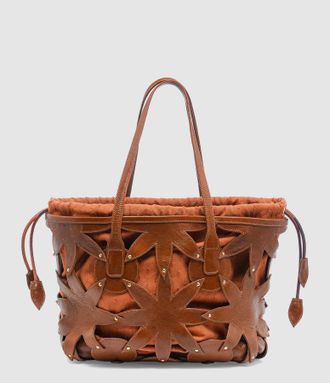 CLARIS VIROT Cabas Marny Fleur et Cuir Tabac
