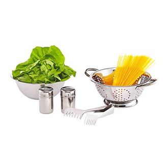 Relaxdays Pasta Set, 5-tlg, Servierschale, Küchensieb, Nudelzange, 2x Gewürzstreuer, Spaghetti kochen, Edelstahl, silber