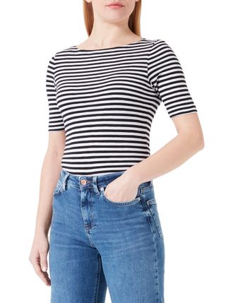 Marc O'Polo Damen T-Shirt mit U-Boot-Ausschnitt gestreift, Mehrfarbig (Multi/Night Sky), XS