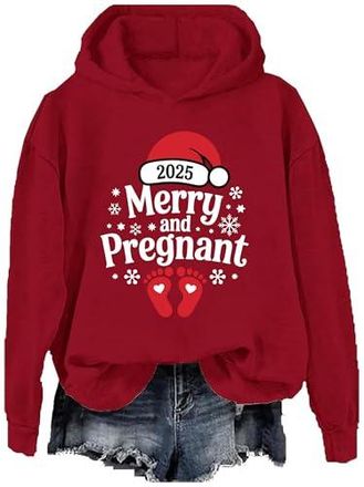 Generic Merry Christmas Sweat à Capuche Maternité Fun Noël Maternité Sweatshirt Femme Noël Maternité Top Noël Bébé Manches Longues Chemise Unisexe, Rouge, 3XL