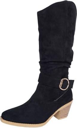 Generic Bottes &agrave; talons pour femme - Bottes mi-mollet larges et d&eacute;contract&eacute;es - &Eacute;l&eacute;gantes - Couleur unie - Boucle pliss&eacute;e - Talon &eacute;pais - Confortables - &Agrave; enf