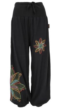 Guru Shop Guru-Boutique, Pantalon de Harem &agrave; Taille Large Avec Broderie Florale, Noir, Ducoton, Size:L/XL (44), Pantalon de Harem Pantalon Sarouel