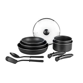 Sitram 712763 Batterie 10 pcs alu noir : 3 poêles Ø20/24/28cm, 2 casseroles Ø16/20cm, 2 ustensiles nylon, 1 couv. verre Ø24cm, 2 manches amovibles - Tous feu