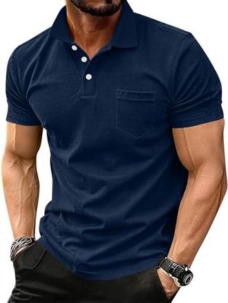 Generic Polo de golf &agrave; manches courtes pour homme - Couleur unie - Classique - L&eacute;ger - Pour l&eacute;t&eacute; - Sport - Coupe ajust&eacute;e - Avec poche de poitrine, Bleu marine