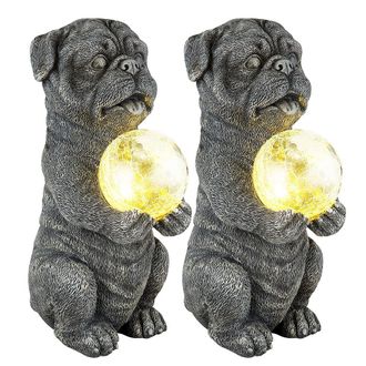 Globo Lighting Solarleuchte Hund Gartendeko Tierfigur grau Solarlampe Kugel Bruchglas Hund, LED warmwei&szlig;, LxBxH 17,5x13x29 cm, 2er Set