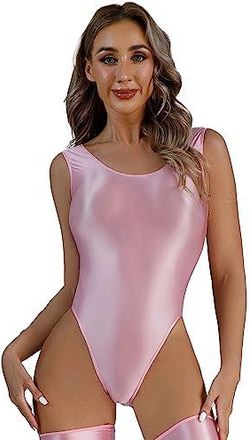 dPois Femme Maillot de Bain 1 Pièce Brillant Sexy Justaucorps Danse Femme Body en Cuir Verni Wetlook Bodysuit Combinaison Gymnastique Leotard M-XL Rose XL
