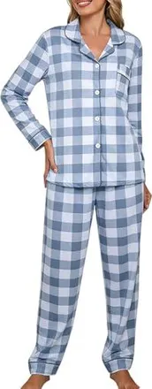 Minetom Ensembles de Pyjama Femme 2 Pi&egrave;ces Bouton V&ecirc;tements de Nuit &Agrave; Carreaux Manches Longues Col V Chemise et Pantalon Style Y02 38