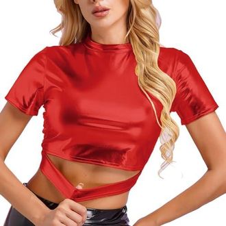 Generic Haut court pour femme, couleur unie, réfléchissant, brillant, métallique, col rond, manches courtes, t-shirt court pour femme, Rouge, XXL