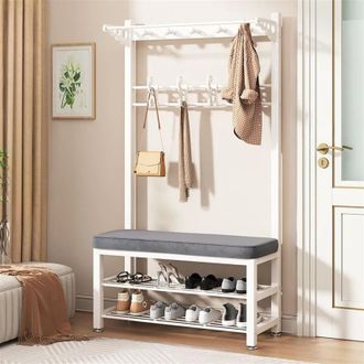 Generic White Coat Rack with Shoe Bench - Wall Mounted Hall Tree for Entryway & Mudroom, Large Storage Solution for Coats & Shoes, 80cm Hallway nization
