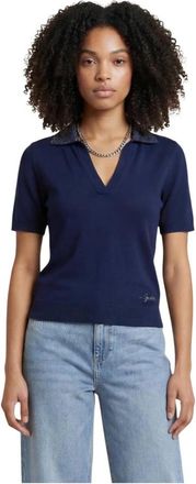 Guess V-Ausschnitt Wollpolohemd mit kurzen &Auml;rmeln - - Tops - Damen - Blau - M