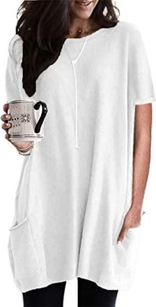 ORANDESIGNE T-Shirt Long pour Femme à Manche Courte T-Shirt Col Rond Blouse Eté Ample Casual Tops Colorées Tee Shirt Mode Tops T-Shirt Lâche Haut Long Blouse avec