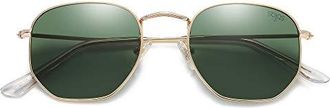 Sojos Lunettes de Soleil Moderne G&eacute;om&eacute;trique M&eacute;tal Temples Minces Polaris&eacute; Lentille Plate Hexagonal pour Femmes et Hommes SJ1072 (C8 Cadre/Vert Lentille)