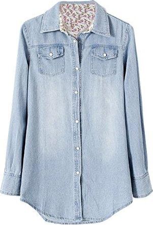 Chic Chemisier Bleu Femme Longues Manches Casual Jeans Denim Bouton Vintage (FR42, Light)