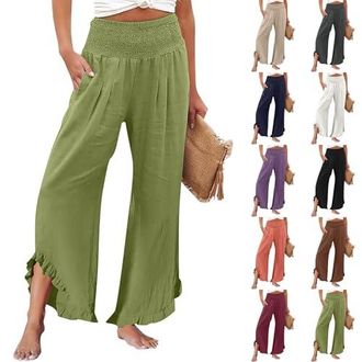 Generic Pantalon d&eacute;t&eacute; en lin pour femme - Long et a&eacute;r&eacute; - Jambes larges - Pantalon en lin - Taille haute irr&eacute;guli&egrave;re - Pantalon de loisirs ample et confortable