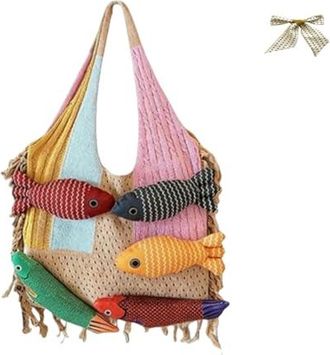 Generic 3D Fish Knitted Tote Bag,Cute Cartoon Fish Patchwork Shoulder Bags,Large Capacity Bohemian Hobo Handbag for Travel Vacation (A)