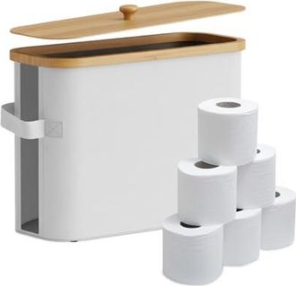 Relaxdays Toilettenpapier Aufbewahrung, 12 Rollen, HxBxT: 33 x 45 x 16 cm, Stoff, Bambus, Klopapier Korb, Vorrat, weiß