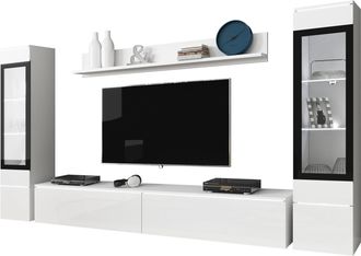 Mirjan24 Wohnwand Doppo II, Schrankwand, griffloses Öffnen, Anbauwand, Fernsehschrank, Mediawand, Wandregal, TV-Lowboard, 2X Hängevitrine (Weiß/Weiß Hochglanz,