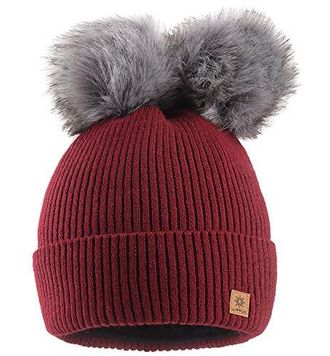 morefaz Femme Chapeau dhiver Beanie Chapeau Double Pom Pom Hat Bonnet (Burgundy)
