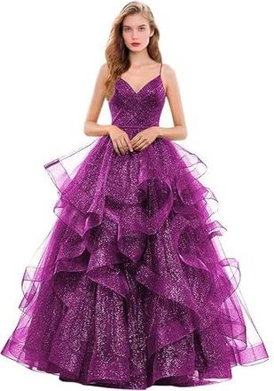 Generic Robe de bal en tulle paillet&eacute; avec col en V et bretelles spaghetti, robe de demoiselle dhonneur, robe de soir&eacute;e formelle longue &agrave; &eacute;tages, fuchsia, 50 