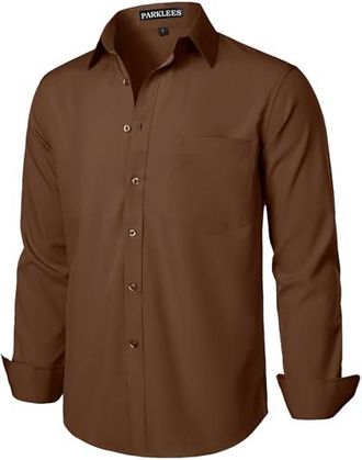 PARKLEES Chemise habill&eacute;e &agrave; manches longues pour homme - Coupe classique - Sans plis - Style d&eacute;contract&eacute; - Avec poche, marron, XL