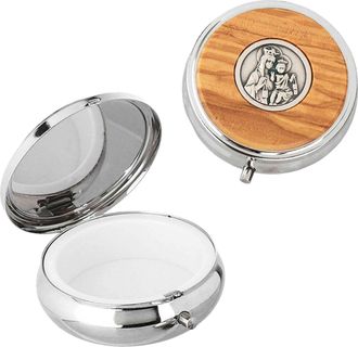 NKlaus Hostiendose Maria & Jesu 6cm - Rosenkranz Metalletui klein mit Olivenholz-Einlage & Relief, Dose f&uuml;r Kommunion & Andachtsgebrauch